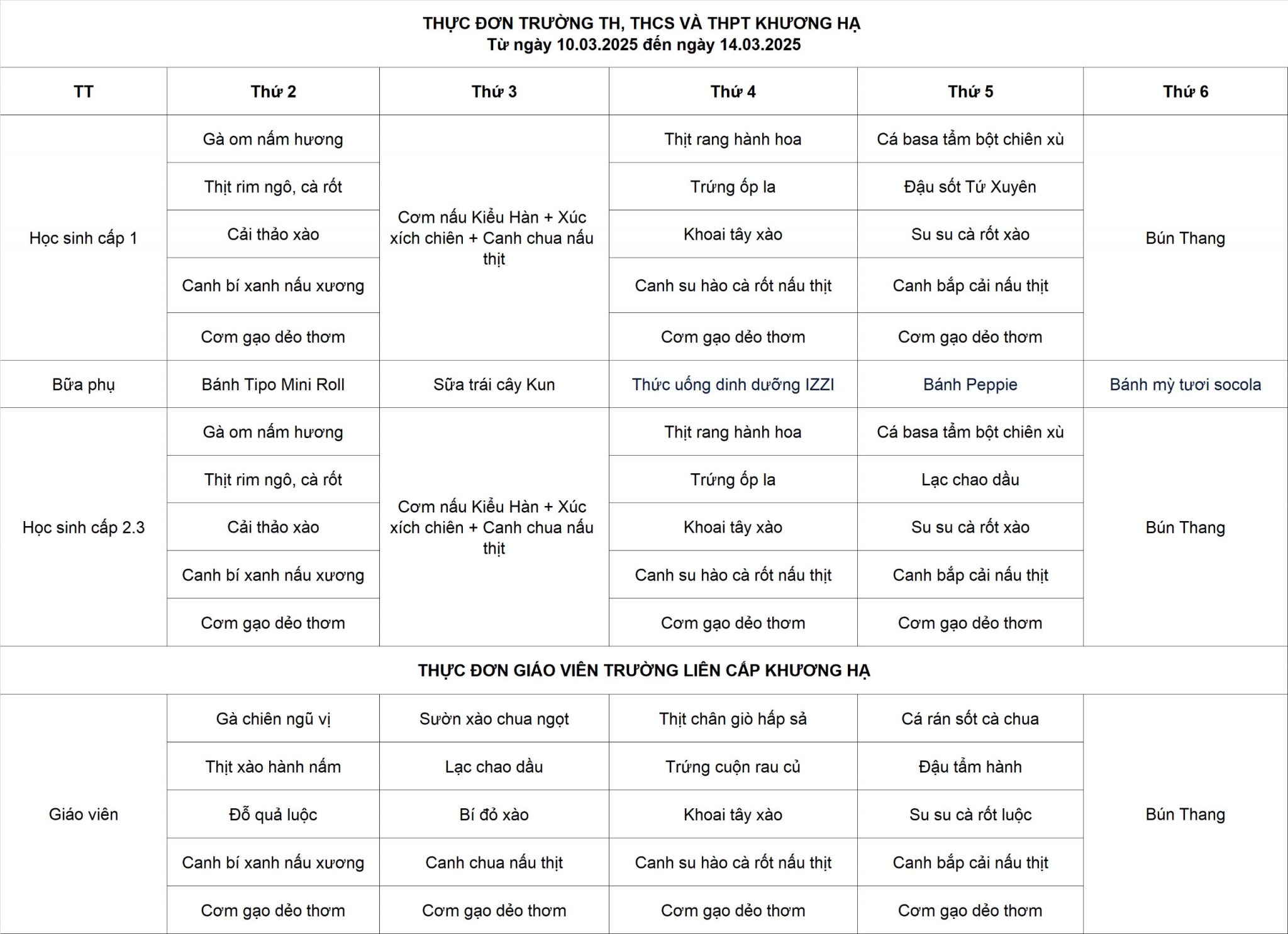 THỰC ĐƠN BÁN TRÚ TUẦN TỪ 10/3/2025 - 14/3/2025 - c123khuongha